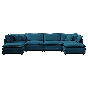 kevinplus 146.5'' Blue Large Sectional Sofa Couch U-Shaped with Ottoman for Living Room, Modern Contemporary Modular Sofa Couch for Apartment Office, Chenille Fabric (4-Seat Couch + 2 Ottoman)