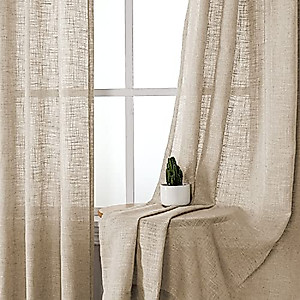 Linen Curtains 108 Inch Natural Linen Semi Sheer Curtains Tab Top Light Filtering Panels Burlap Linen Textured Curtains for Living Room Window Treatment Drapes, Privacy Added, 2 Panels, Angora