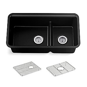 KOHLER Neoroc Undermount Double Bowl Kitchen Sink, Composite Sink with Smart Divide, 33" Double Offset Bowl with Sink Racks