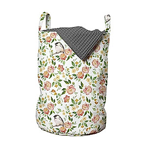 Ambesonne Floral Laundry Bag, Flower Petals Blossoms Leaves and Bird Sitting Vintage Inspired Image, Hamper Basket with Handles Drawstring Closure for Laundromats, 13" x 19", Coral Fern Green White