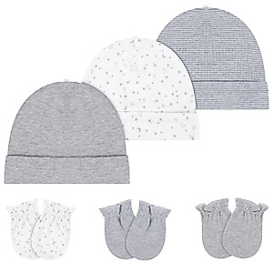 ONESING Baby Hats and Mittens Set Unisex Caps Beanie Mittens 0-6 Months Infant Hats Newborn Hats for Boys Girls, Grey, White