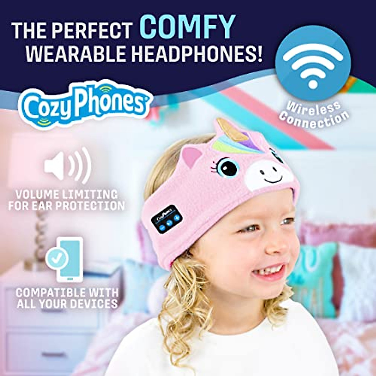 CozyPhones Over The Ear Headband Headphones - Kids Wireless Headphones Volume Limited with Thin Speakers & Super Soft Fleece Headband - Pink Unicorn