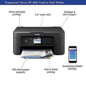 Epson Expression Home XP-4105 Wireless Small-in-One Color Inkjet Printer, White - Print Copy Scan - 2.4" Color LCD, 10 ppm, 5760 x 1440 dpi, Hi-Speed USB, Auto 2-Sided Printing, Voice Activated