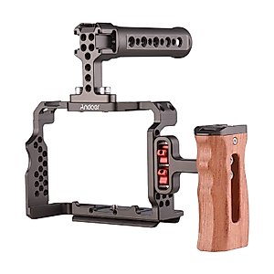 Andoer Aluminum Alloy Camera Cage Kit with Video Rig Top Handle Wooden Grip Replacement for Sony A7R III/ A7 II/ A7III