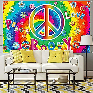 60's Carnival Groovy Decoration Banner Hippie Theme Party Photography Background 60's Party Scene Setters Groovy Wall Decoration Kit Peace and Love for Large Party Supplies 72.8 x 43.3 Inch