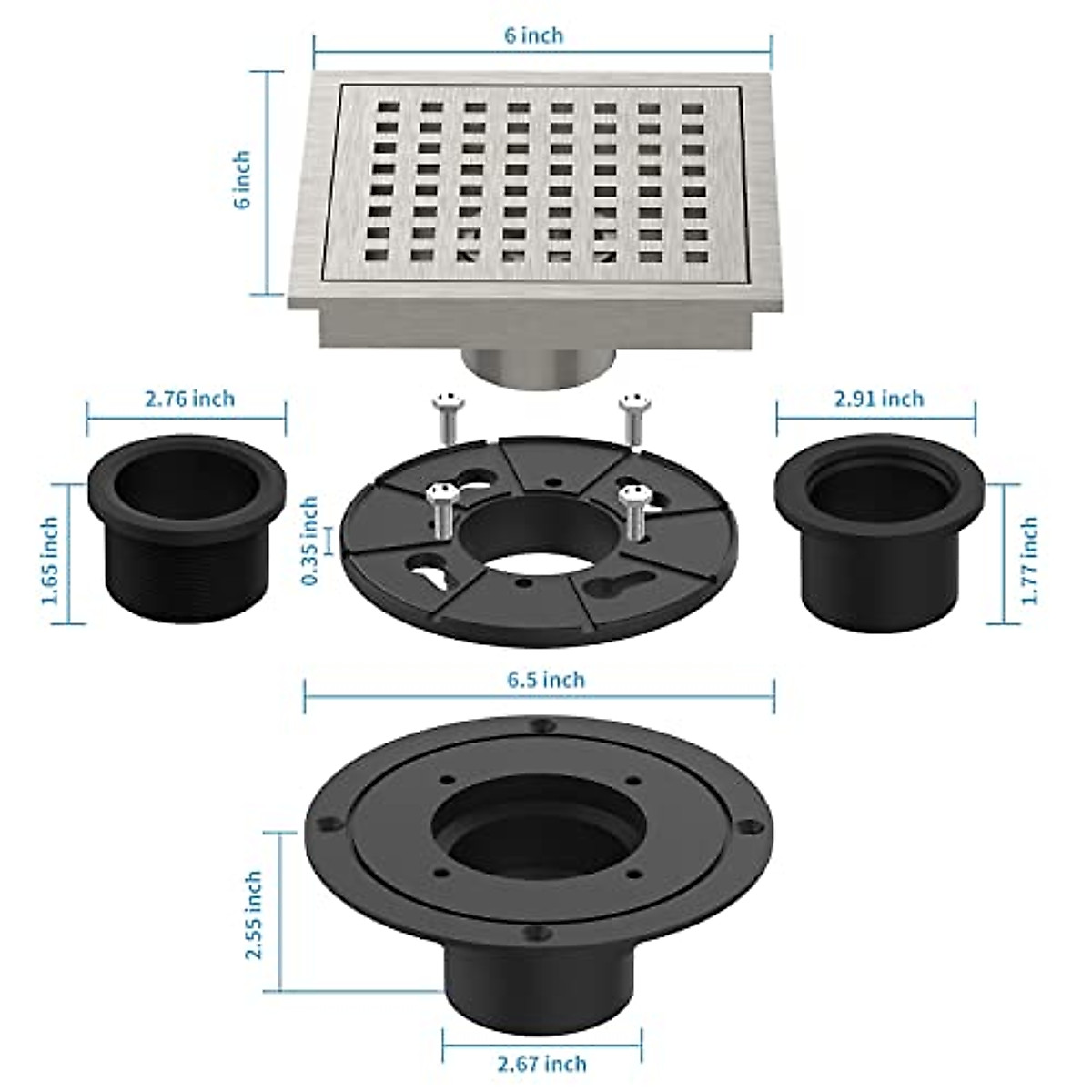 6 Inch Square Shower Floor Drain, Brushed Nickel High Flow Shower Drain Kit with Flange, Removable Grid Cover and Hair Filter, Food-Grade SUS 304 Stainless Steel, CUPC Certified(Brushed Nickel)