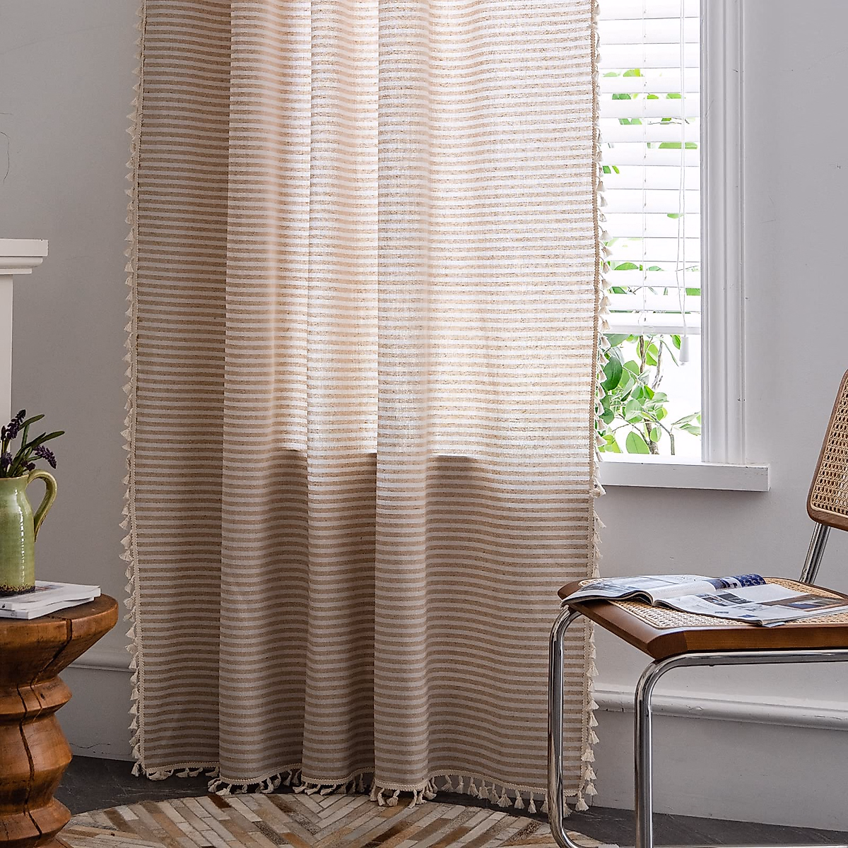 ColorBird Striped Semi-Blackout Window Curtains 2 Panels Farmhouse Style Cotton Linen Darkening Curtains with Tassel Rod Pocket Window Drapes for Dining Living Bedroom (52" W x 84" L, 1 Pair, Beige)