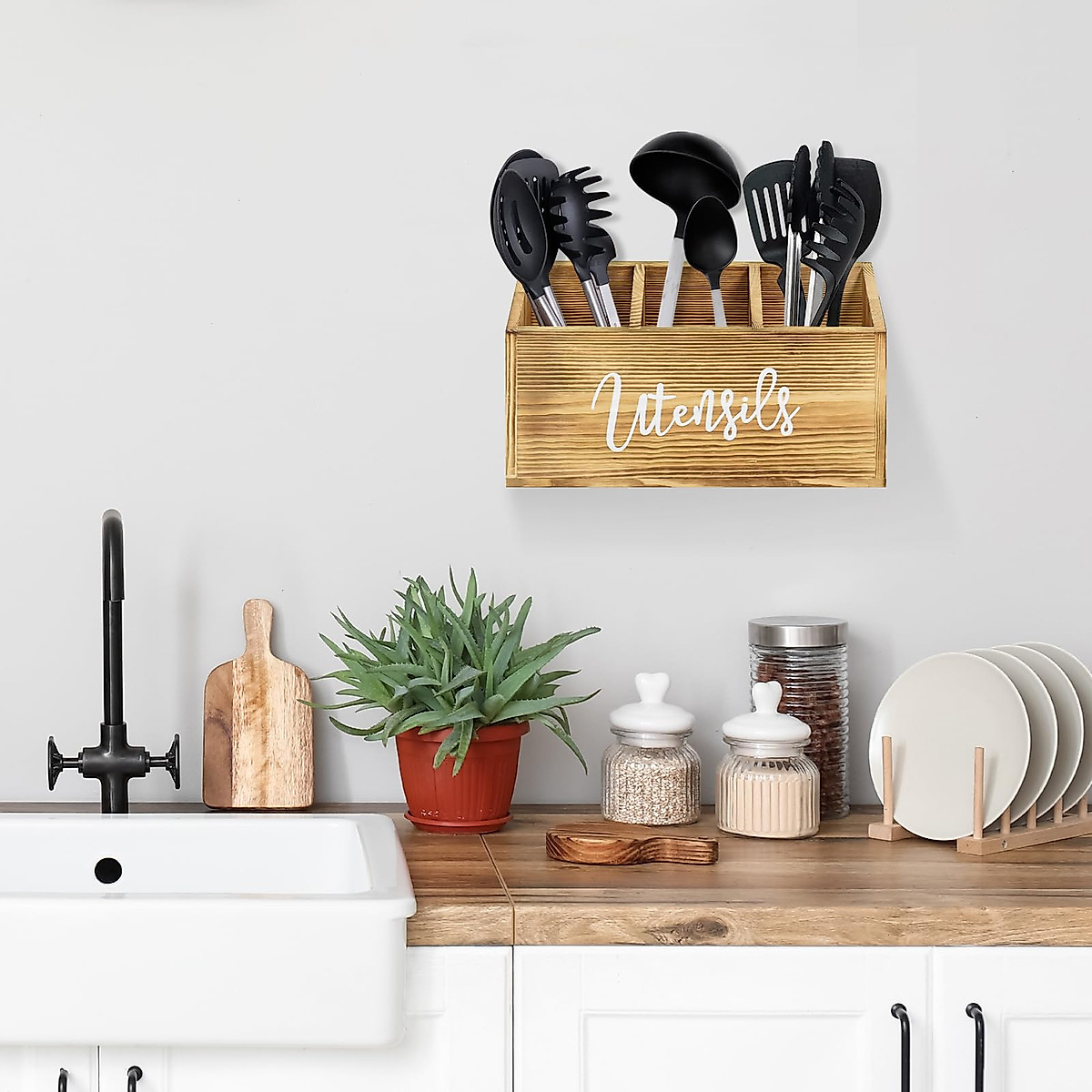 LADESIGGN Kitchen Utensil Holder with 3 Compartments, Farmhouse Kitchen Decor Utensil Holder, Cooking Tools Silverware Caddy, Kitchen Countertop Utensil Holder for Silverware Fork Spoon Spatula