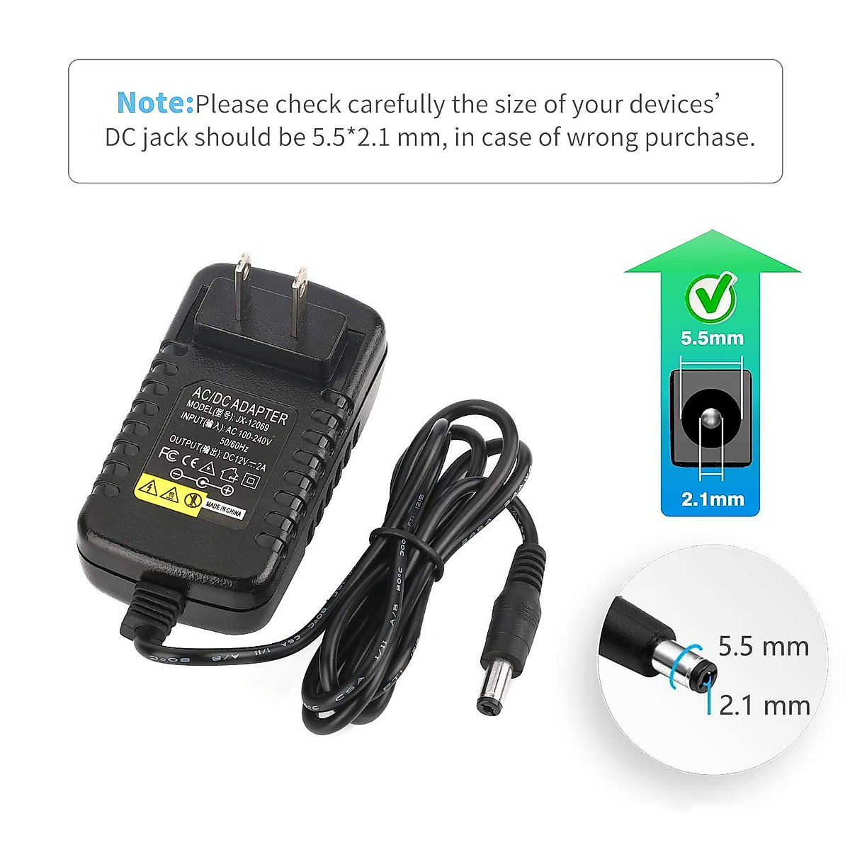 AC Adapter, YIFENG 12V / 2A AC DC Switching Power Supply Adapter(Input 100-240V, Output 12V 2A) with DC Connector Gift