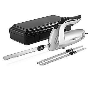 VonShef Electric Knife 10 Inch – Serrated Carving Knife Set with Storage Case – Interchangeable Stainless Steel Blades – For Turkey, Meat, Bread, Vegetables, Fruit - 150W