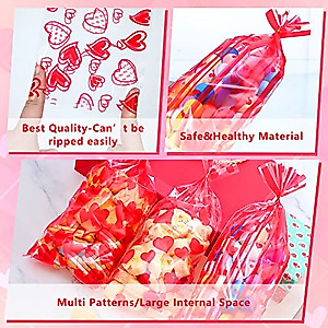200 Pieces Valentine Cellophane Treat Bags Valentine's Day Plastic Heart Bags Candy Goodies Gift Bags and 200 Pieces Gold Twist Ties for Valentine Party Supplies