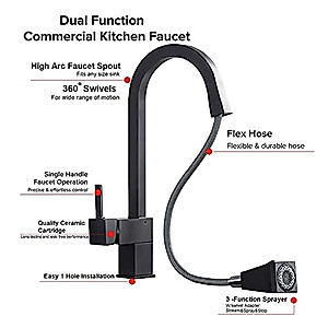 Kitchen Sink Faucet for Bar Farmhouse Commercial, Square Shape Kitchen Faucet, Pull Out Black Kitchen Mixers, Spray Stream Kitchen Head, Single Handle Cold Hot Mixer Faucet (Color : Black Kitchen Fau