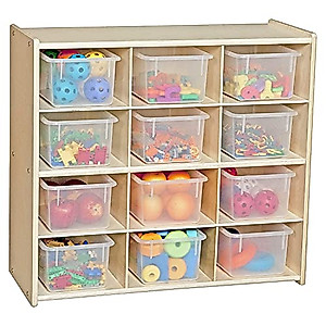 Contender Birch 12 Cubby Tray Cabinet With Translucent Bins, Toddlers Toy Storage Organizer For Kindergarten, Daycare, Nursery, Homeschool [Fully Assembled]