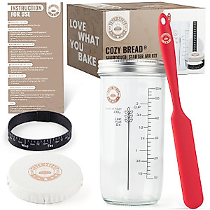 Sourdough Starter Jar Kit - 24 Oz Sourdough Starter Glass Jar with Date Marked Feeding Band, Thermometer, Silicone Scraper, Cloth Cover, and Metal Lid