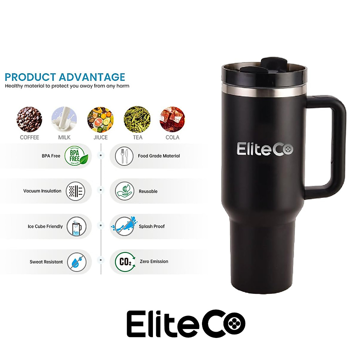 EliteCo 40oz Travel Mug | Insulated Coffee Mug | Stanley Cup BPA Free Lid Stainless Steel Tumbler With Handle And Straw