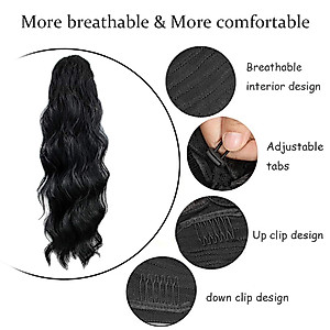 KETHBE 24 Inch Long Body Wave Ponytail hair Extension Synthetic Heat Resistant Wrap Around Drawstring Curly Wavy Ponytail Hairpieces for Women(Black)
