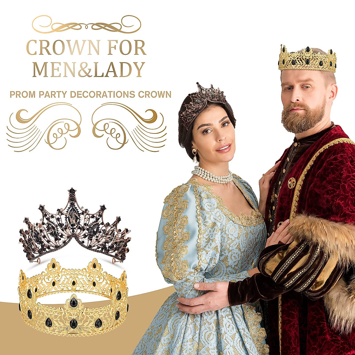 Ferraycle 2 Pcs Crowns for Men Women King Royal Crown with Black Rhinestone Crystal Queen Royal Round Crown Halloween Medieval Princess Costume for Wedding Homecoming Prom Party Decorations