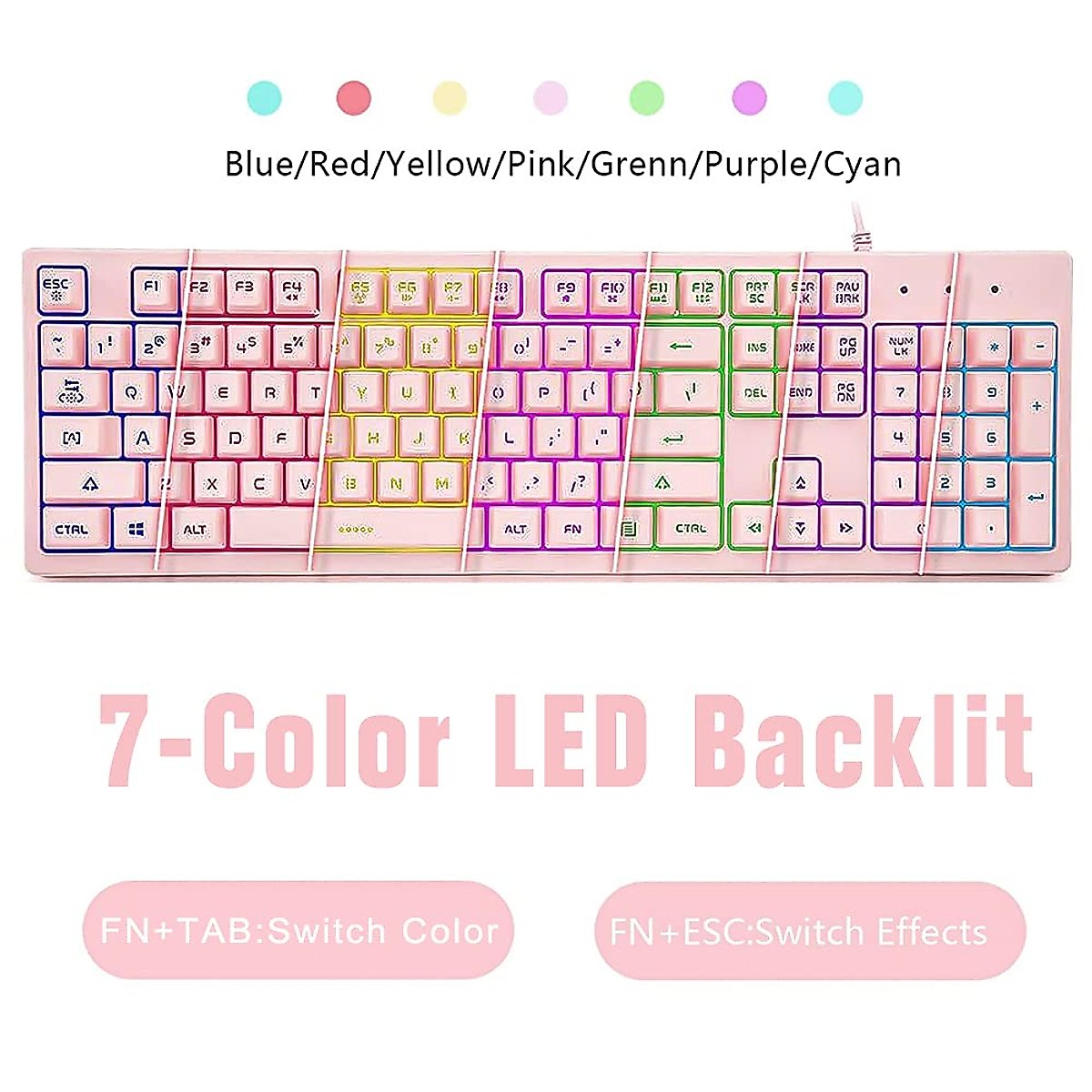 VINMEN Pink Gaming Keyboard with 7 Color LED Backlit Wired USB 104 Keys Keyboard Waterproof Fresh Style Computer Game Keyboard for PC Mac Laptop
