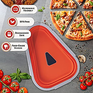Queceuy Reusable expandable pizza storage container with 5 microwaveable heating trays, adjustable silicone pizza box, space saving and leftover pizza slice container, microwave and dishwasher safe.