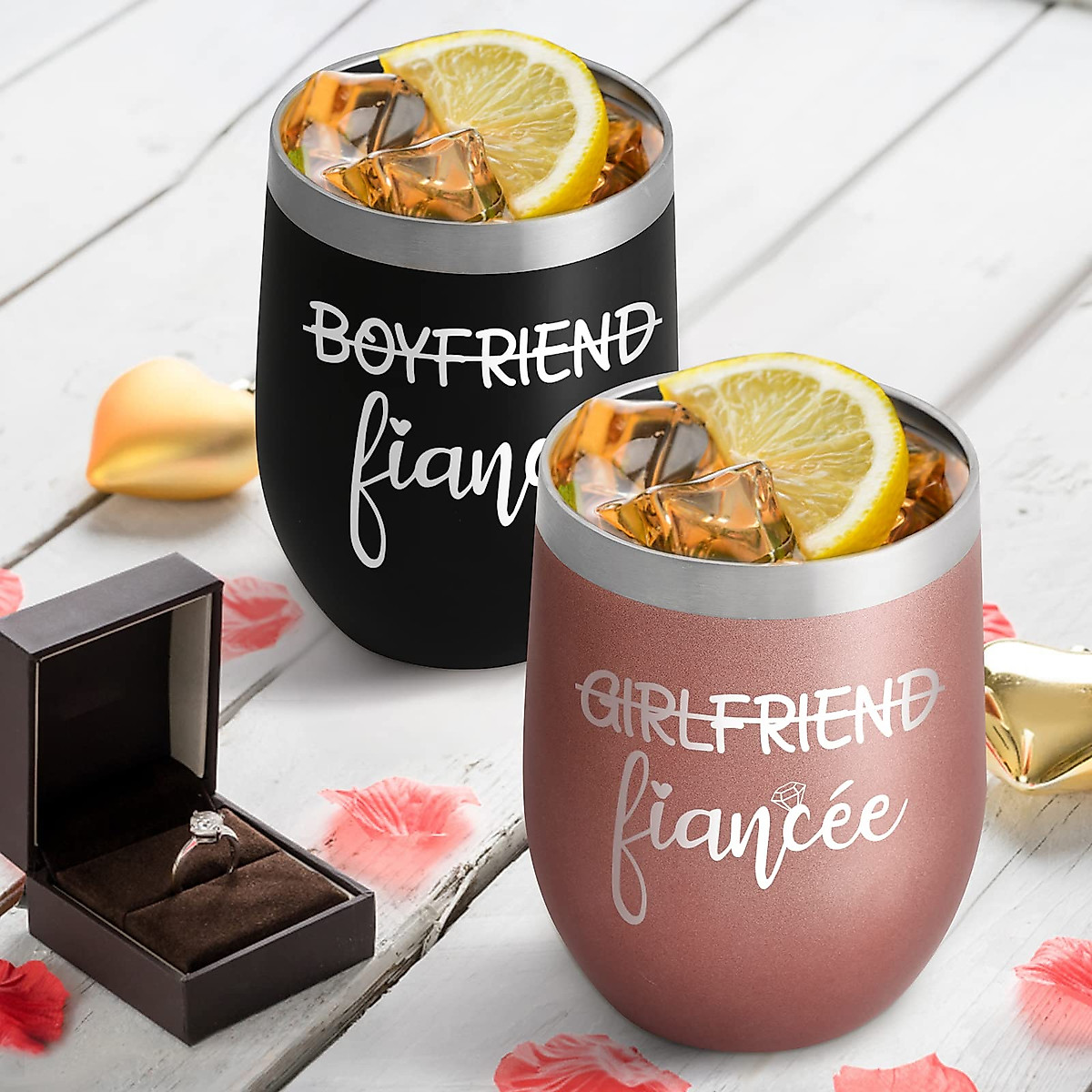 LiqCool Engagement Gifts for Couples, Fiance Gifts for Him Her, Newly Engaged Gifts for Couple, Cool Engagement Gifts, 12oz Wine Tumbler for Fiance Fiancee Boyfriend Girlfriend, Black and Rose Gold