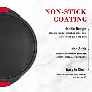 VDGPWA 12 Inch Non-Stick Pizza Tray-With Silicone Handle,Carbon Steel Without Hole and With Hole Pizza Tray,Round Pizza Bakeware Crisper Pan for Home Baking,Kitchen,Restaurant Oven (2 Pack)