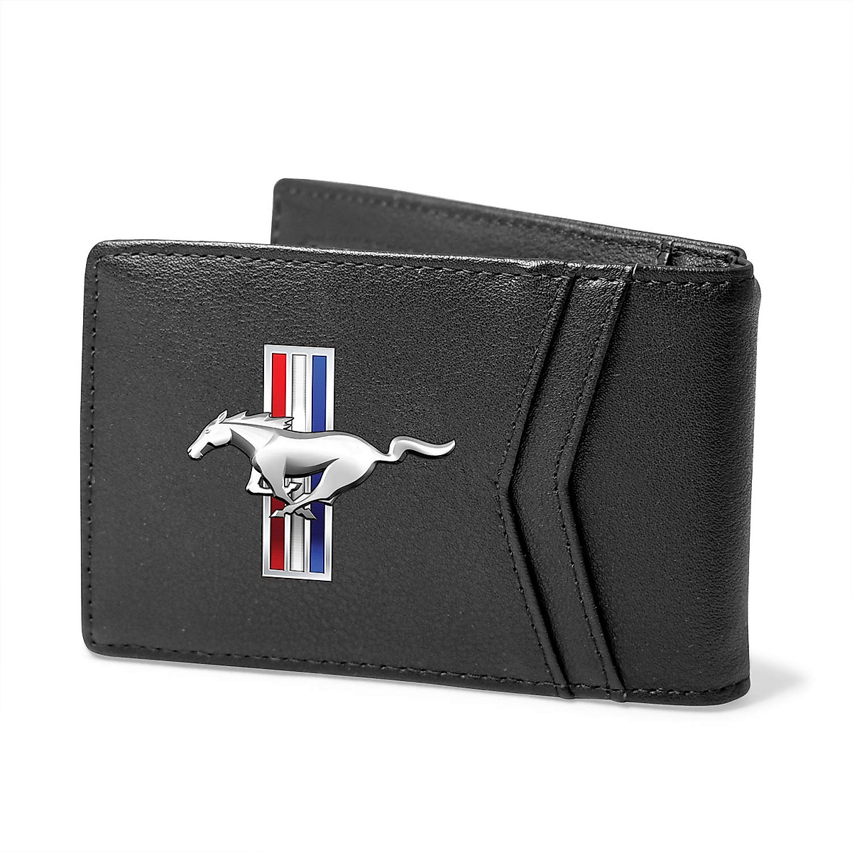 iPick Image, Compatible with - Ford Mustang Tri-Bar Logo Black PU Leather Slim RFID Resistant Bi-fold Men Wallet