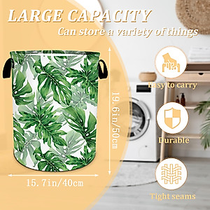 Palm Leaves Laundry Basket, Foldable Waterproof Oxford Cloth Floral Laundry Hamper Funny Tote Bag Dirty Clothes Storage Bucket Toy Organizer for Bathroom/Laundry/Bedroom 15.7"x19.6"