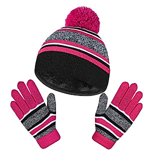 OZERO Beanie and Winter Gloves Warm Sets, Kids Thermal Hat Mitten Set for 4-10 Years Boys and Girls Purple-red