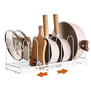 Pot Lid Organizer,Adjustable Pot Lid Organizer for Cabinet,10+ Expandable Lid Organizer Pots and Pans,Rustproof Storage Lid Organizer for Baking Sheet, Pans, Lids,Perfect Kitchen Storage Accessories