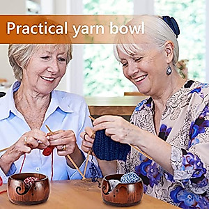 Wooden Yarn Bowl Crocheting Bowl Round Knitting Wool Storage Yarn Bowl Handmade with Holes 12 Pieces Crochet Hooks for Crocheting Knitting DIY Crafts Tools (Dark Brown,6 x 3 x 3 Inch)