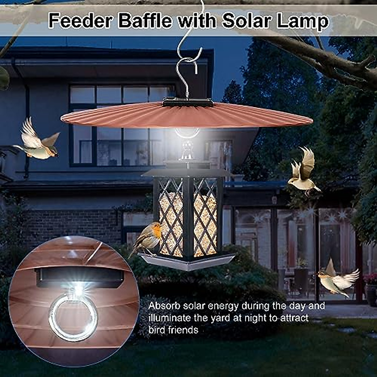 Bird Feeder Baffle with Solar Lamp, Wide Diameter Hummingbird Feeders Covers,Weather Guard Protect Feed from Sun and Bird Seed Dry,for Hanging Bird Feeders Guard-13inches