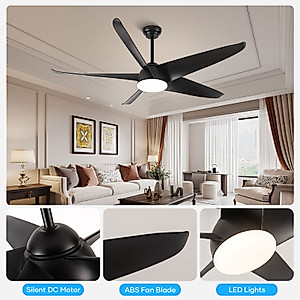 YZEENM 60 Inch Black Ceiling Fan with Light, Modern Outdoor Patios Ceiling Fan Farmhouse Style 5-Blades Ceiling Fans with Remote, 6-Speed, Reversible DC Motor for Bedroom, Living Room, Dining Room