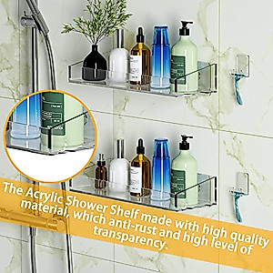 Sinminou Acrylic Shower Caddy Shelf 2- Pack of Traceless Adhesive Wall Mounted, No Drilling and Anti-rust, Clear Storage Rack for Shampoo Holder, Floating Acrylic Bathroom Shelves with Hooks for Razor