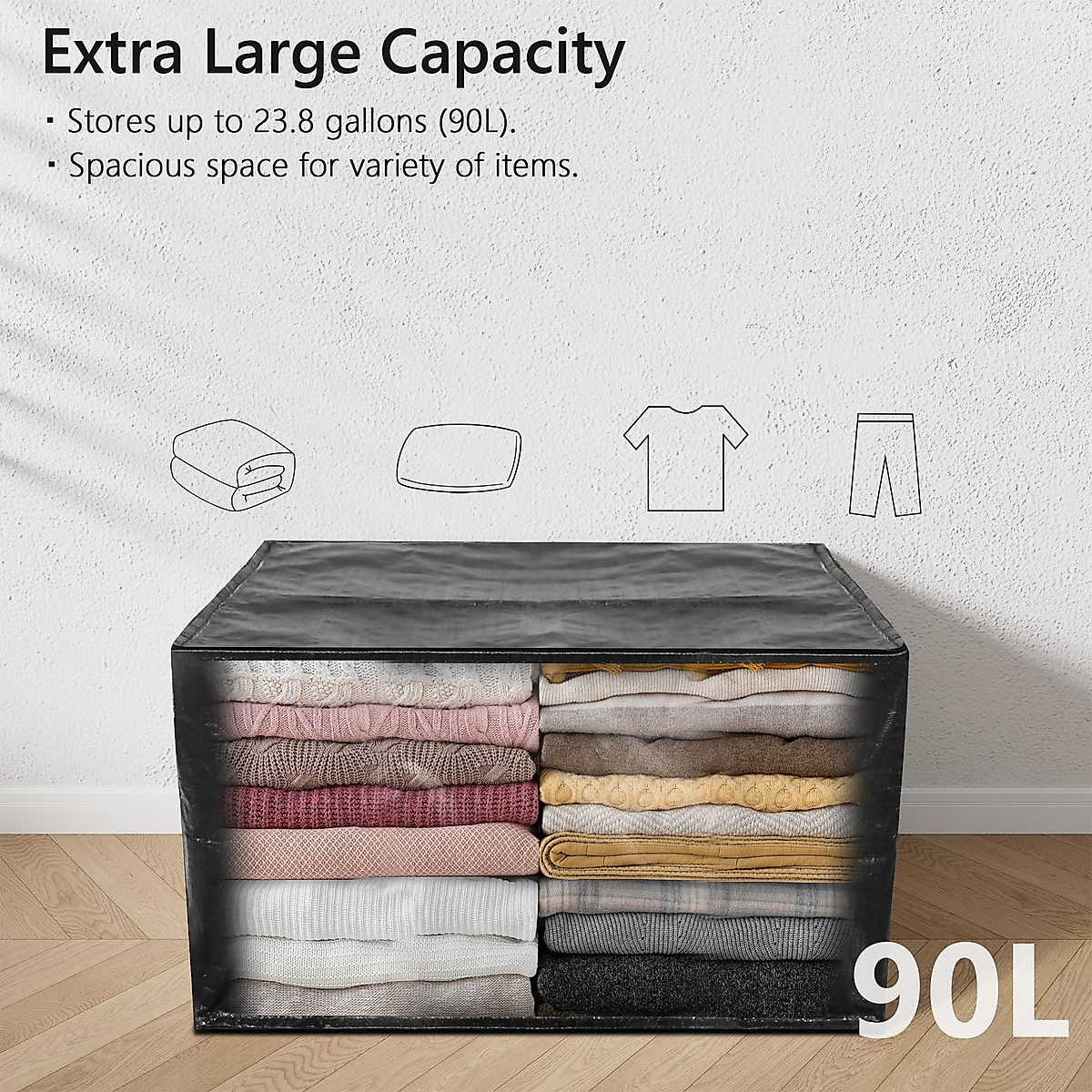 SUOCO 6 Pack 90L Clothing Storage Bags, Heavy Duty Storage Bins, Extra Large Moving bags, Storage Containers for Clothes, Blankets, Comforters, Bed Sheets and Pillows