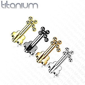 Dynamique Implant Grade Titanium Threadless Push In Flower Base Labret, Flat Back Stud With Ball Cross Top For Cartilage, Lip, Nose (Sold Per Piece)