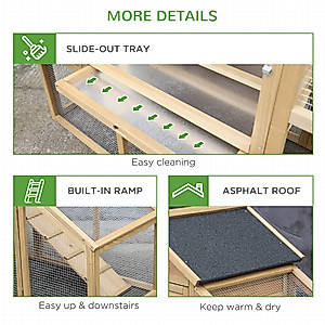 PawHut 69" Wooden Chicken Coop, Poultry Cage Hen House with Connecting Ramp, Removable Tray, Ventilated Window and Nesting Box, Natural