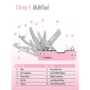 FantastiCAR 10 in 1 Multi-tool, EDC Folding Pocket Knife with SIM Card Removal Pin for Daily Needs, Outdoor Activities, Christmas Gifts (Pink)
