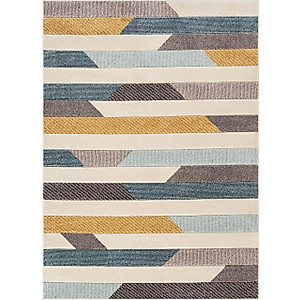 Well Woven Ruby Geometric 8x10 Area Rug Blue Gold & Grey Vibrant Modern Contemporary Hand Carved Stripes Design Perfect for Living Room Dining Room or Bedroom Plush Easy-Care Easy-to-Clean Carpet