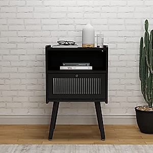 SOOWERY Mid Century Modern Nightstand, Side Table with Storage, Bedside Tables with Glass Door, End Table with Solid Wood Legs for Bedroom, Living Room and Small Spaces, Black