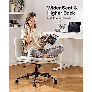 Marsail Armless-Office Desk Chair with Wheels: PU Leather Cross Legged Wide Chair,Comfortable Adjustable Swivel Computer Task Chairs for Home,Office,Make Up,Small Space,Bed Room(Light Beige)