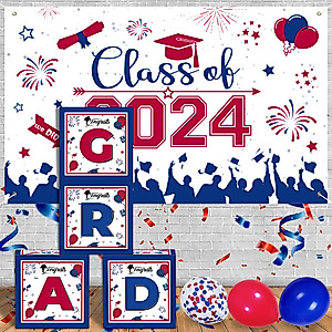 Graduation Decorations Class of 2024, 4 Pcs Red and Blue Graduation Balloon Boxes, 2024 Graduation Decorations, High School and College Graduation Party Decorations Supplies