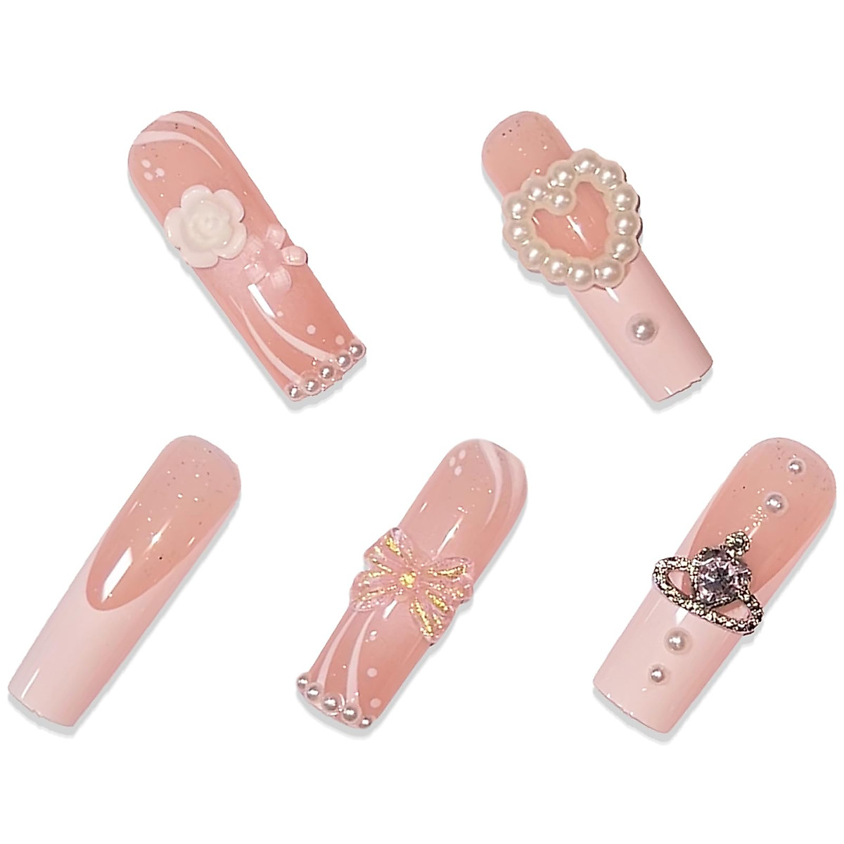 BABALAL Square Press on Nails Long Fake Nails White French Glue on Nails 3D Flower Bow rhinestone Acrylic Nails 24Pcs Glitter Shiny Planet Squoval Love Pink Heart Stick on Nails for Women and Girls