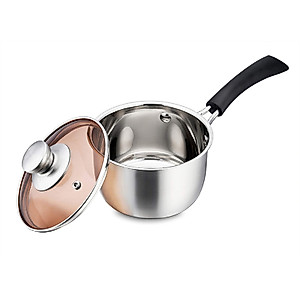P&P CHEF 1 Quart Saucepan, Brushed Stainless Steel Saucepan with Lid, Small Sauce Pan for Home kitchen Restaurant Cooking, Easy Clean and Dishwasher Safe, Sliver, Brown, Black
