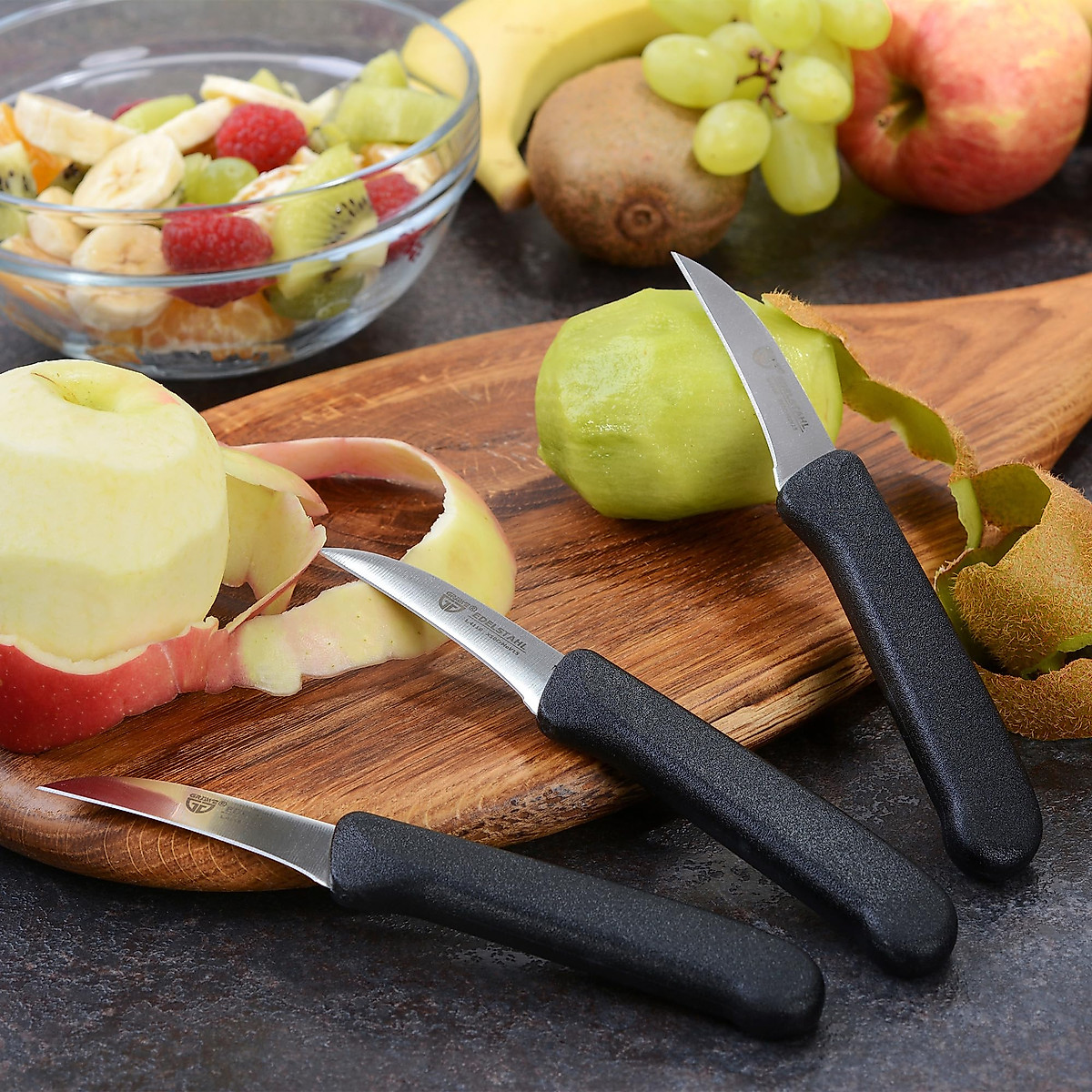 GRÄWE fruit knife, set of 3, paring knife, small kitchen knife set, paring knife, stainless steel, black, super sharp edge