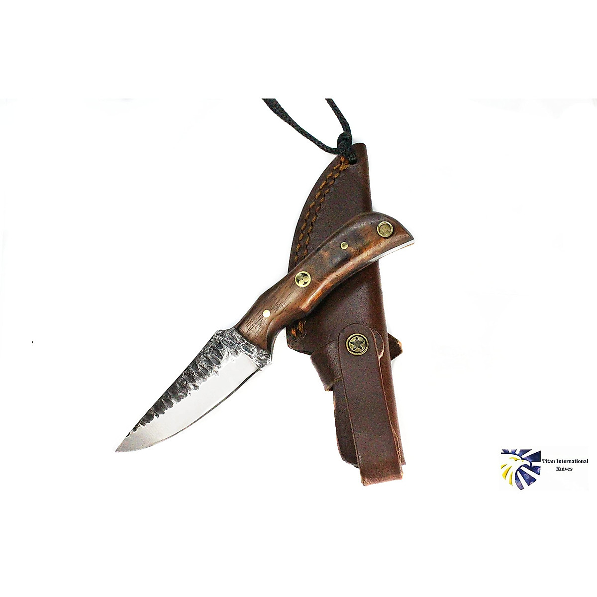 Titan International Knives Handmade Neck Knife Carbon 1080 Steel | Forged Scales Blade Rosewood Handle | Leather Sheath Perfect for Camping and Outdoor Activities