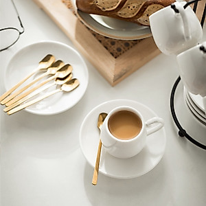 LYEOBOH Espresso Cups with Saucers Set, 3 Ounces Coffee Cups with Metal Stand and Spoons, Ceramic Cappuccino Coffee Cups Demitasse Cups for Espresso, Latte, Cafe Mocha and Tea, Set of 6, White