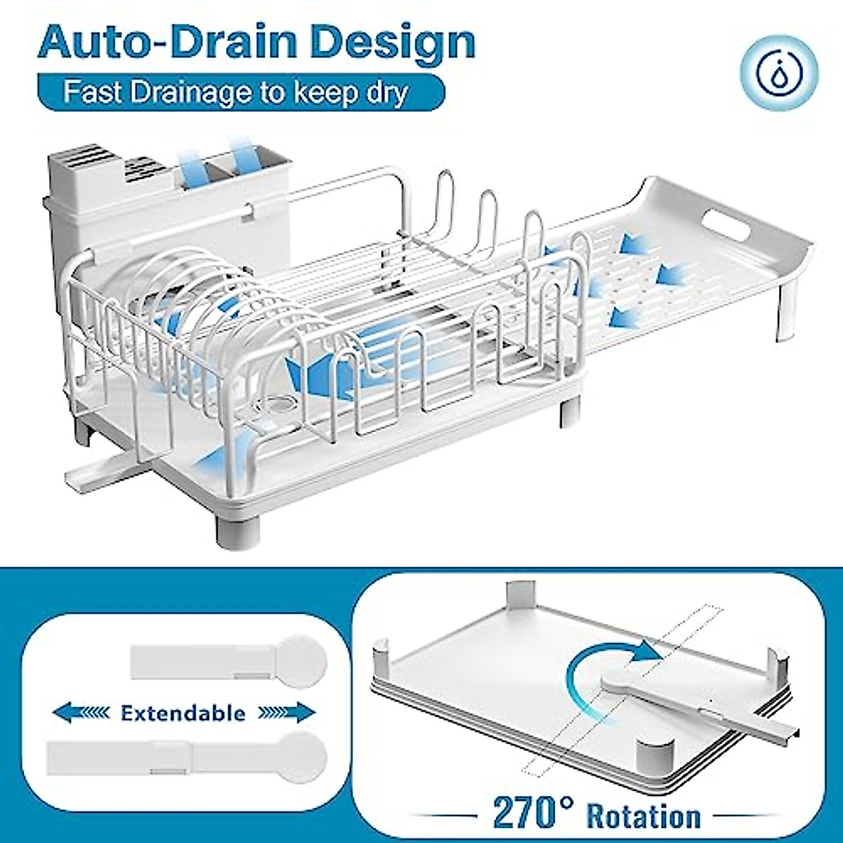 caktraie Dish Drying Rack - Expandable Dish Rack for Kitchen Counter, Rust-Proof Kitchen Dish Drying Rack with Utensil Holder, Cups Holder, White