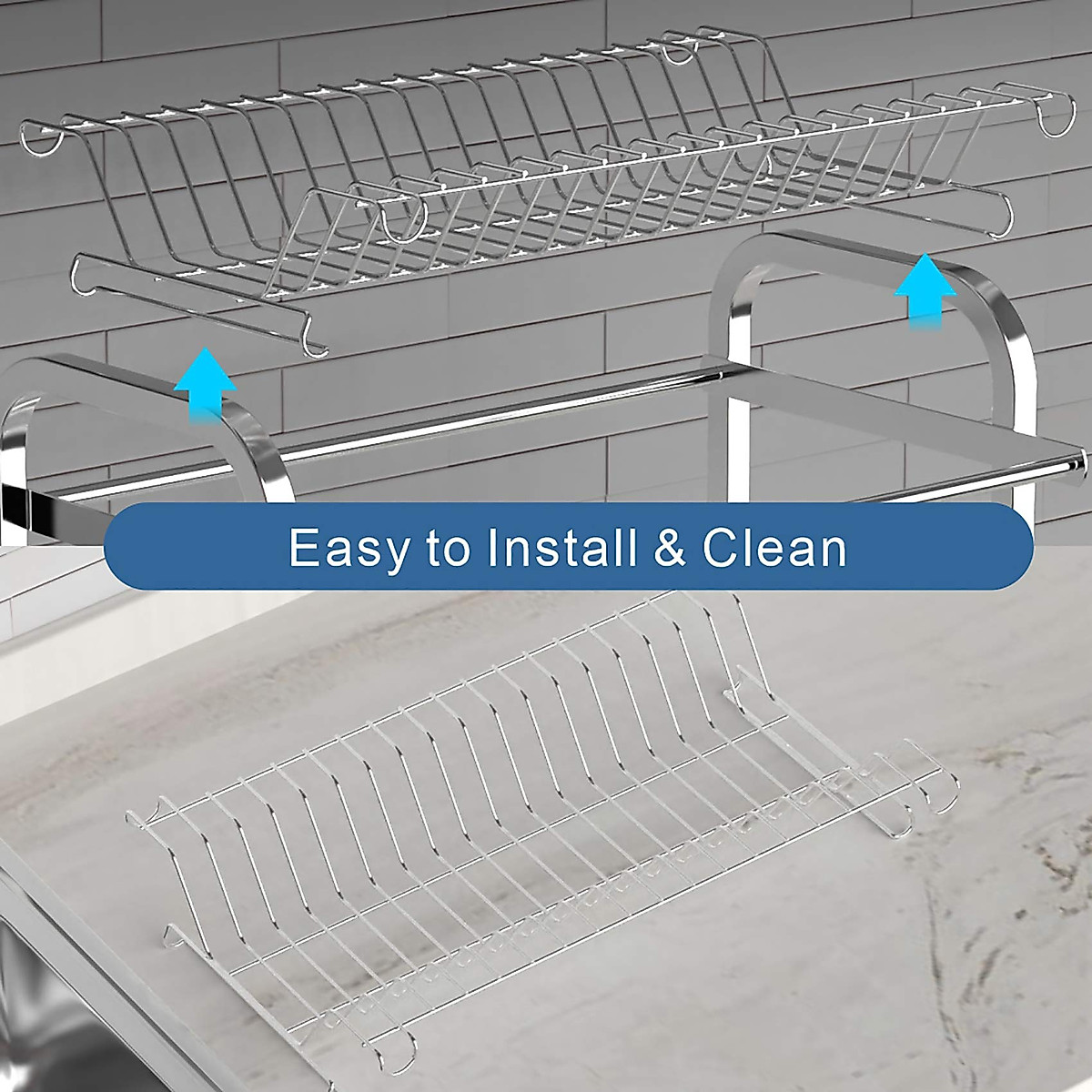 GSlife Dish Drying Rack, Stainless Steel 3 Tier Dish Rack with Tray Utensil Holder, Large Capacity & Rustproof Dish Drainer for Kitchen Counter, Silver