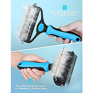 MalsiPree Dog Grooming Brush for Shedding - 2 in 1 Deshedding Tool and Undercoat Rake for Long and Short Haired Dogs with Double Coat - Dematting Comb and Pet Hair Deshedder Supplies (Large, Blue)