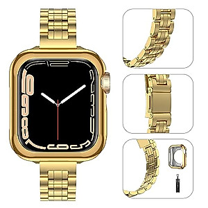 MERUYOO Gold Watch Bands Compatible with Apple Watch Band 38mm 40mm 41mm 42mm 44mm 45mm for Women, with TPU Case - Slim and Thin Stainless Steel Replacement Adjustable Wristband for iWatch Series.